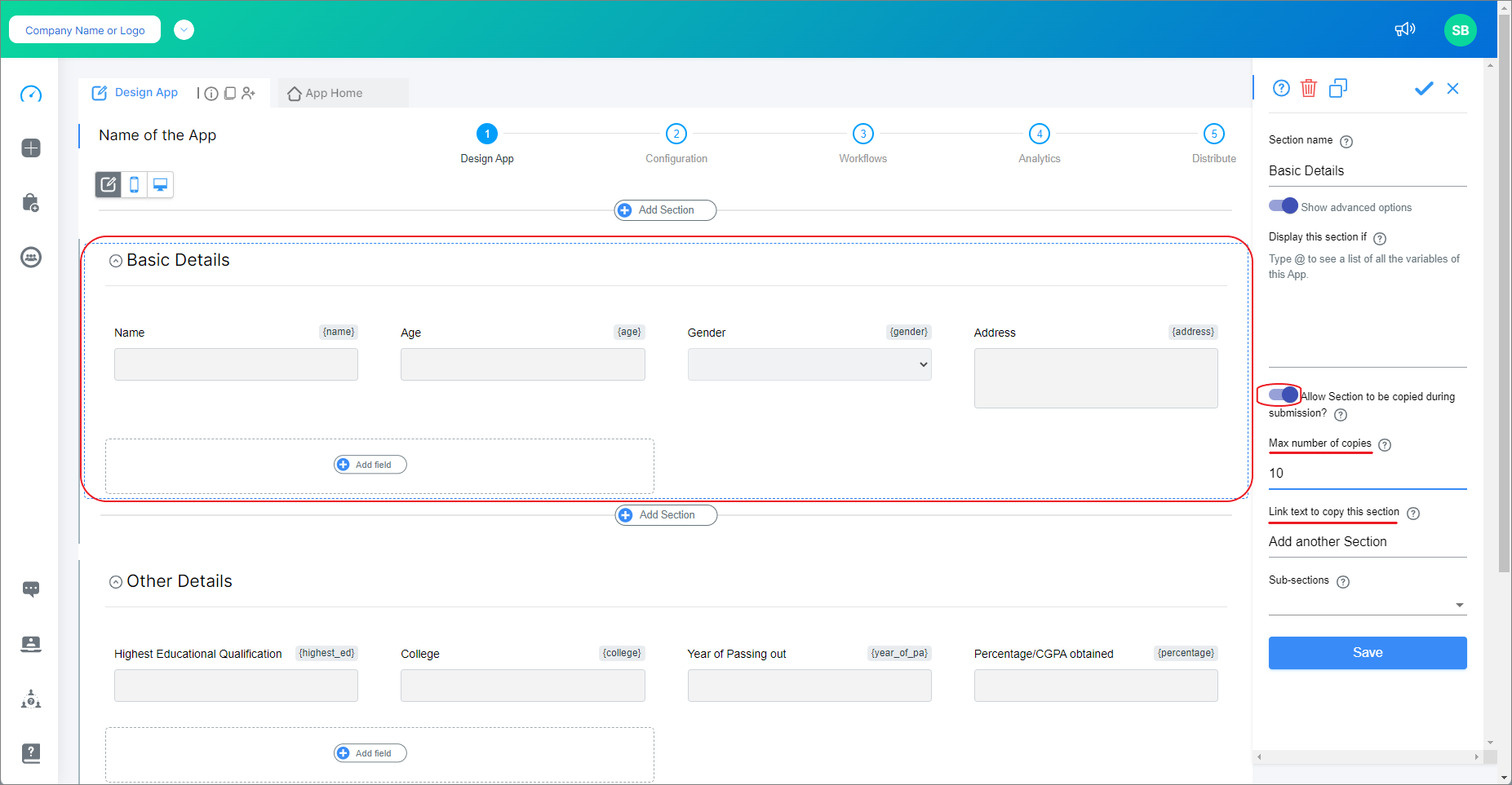 Sections - Basic, Conditional, Copyable